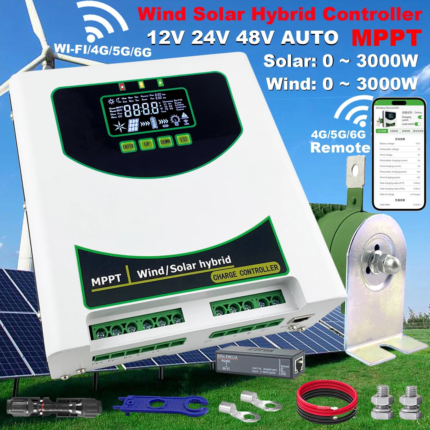 Гибридный контроллер заряда MPPT 12/24/48В 5000Вт With WiFi, 12V 24V AUTO, Wind1000W Solar1000W