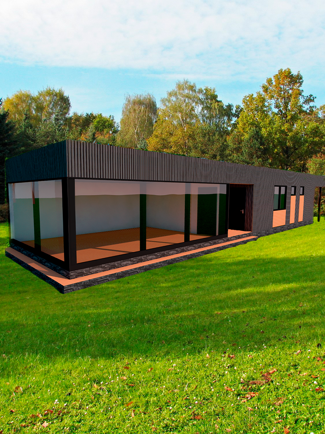 Проект бани с чаном, одноэтажная, каркасная, 23x5 м, с панорамным остеклением, тёплый пол