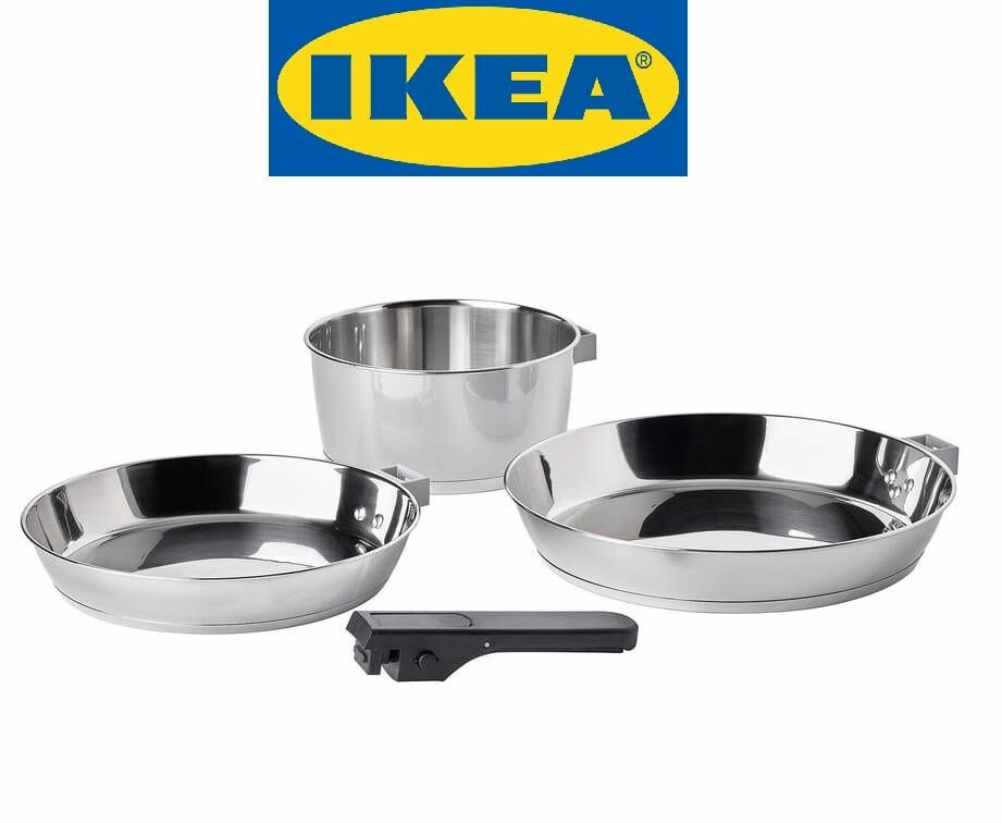 Набор посуды из нержавеющей стали со съёмной ручкой IKEA SLATROCKA икеа слятрока, 4 предмета: ковш, сковорода 24 см, сковорода 28 см, ручка