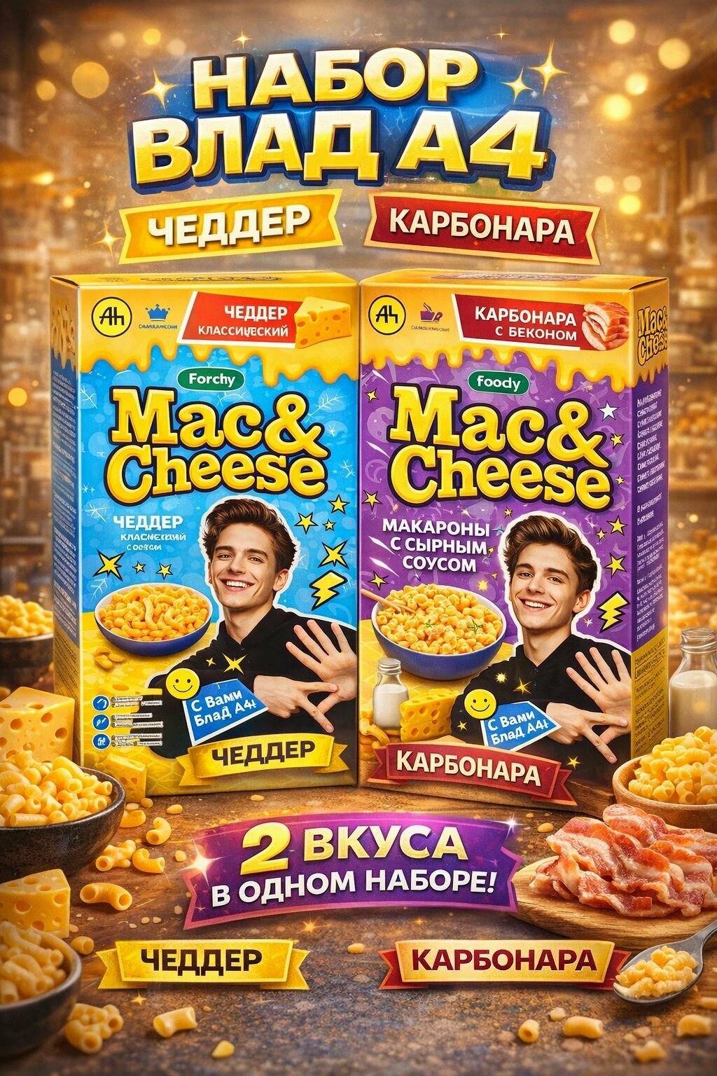 Набор 2 вкуса макарон Влад А4 Mac&Cheese Чеддер / Карбонара по 143 гр.