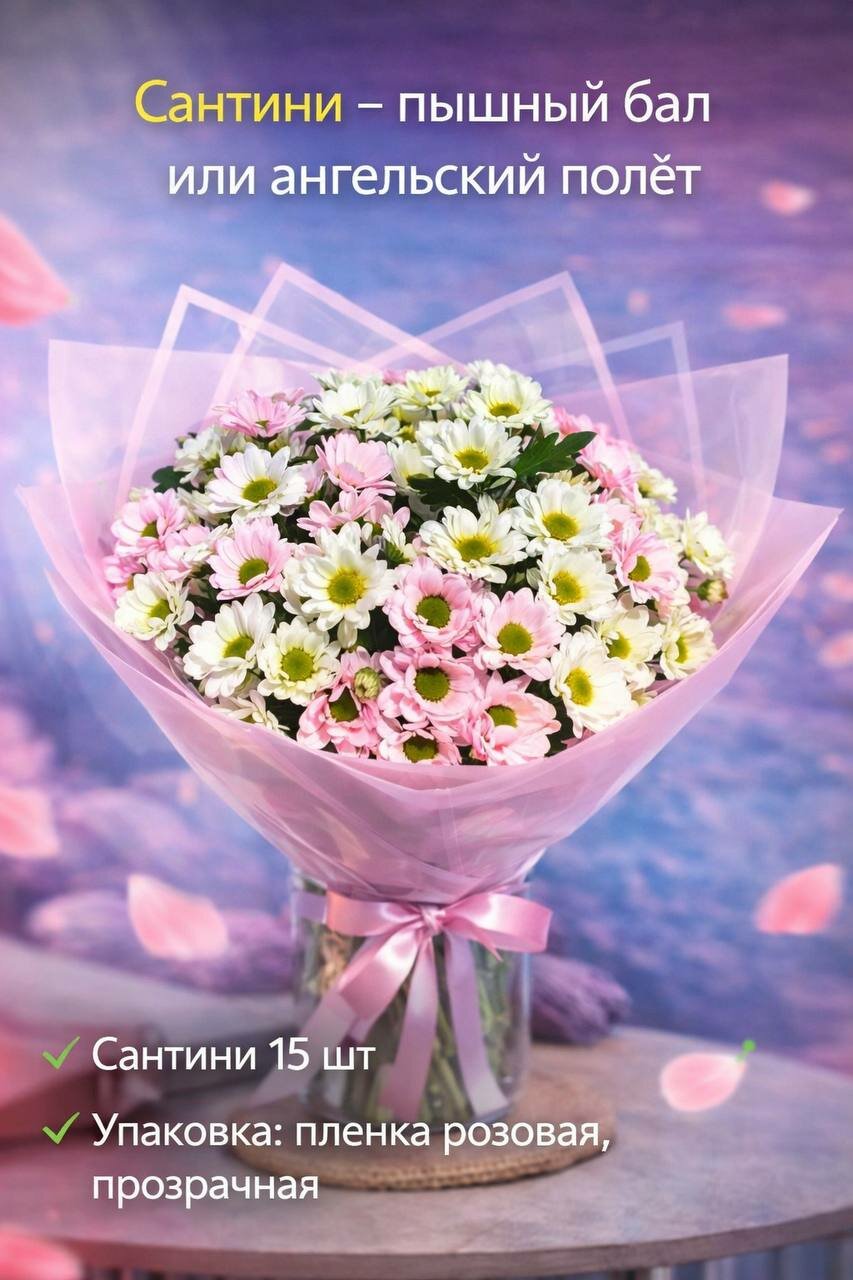 Монобукет Сантини 15 штук в розовой прозрачной плёнке