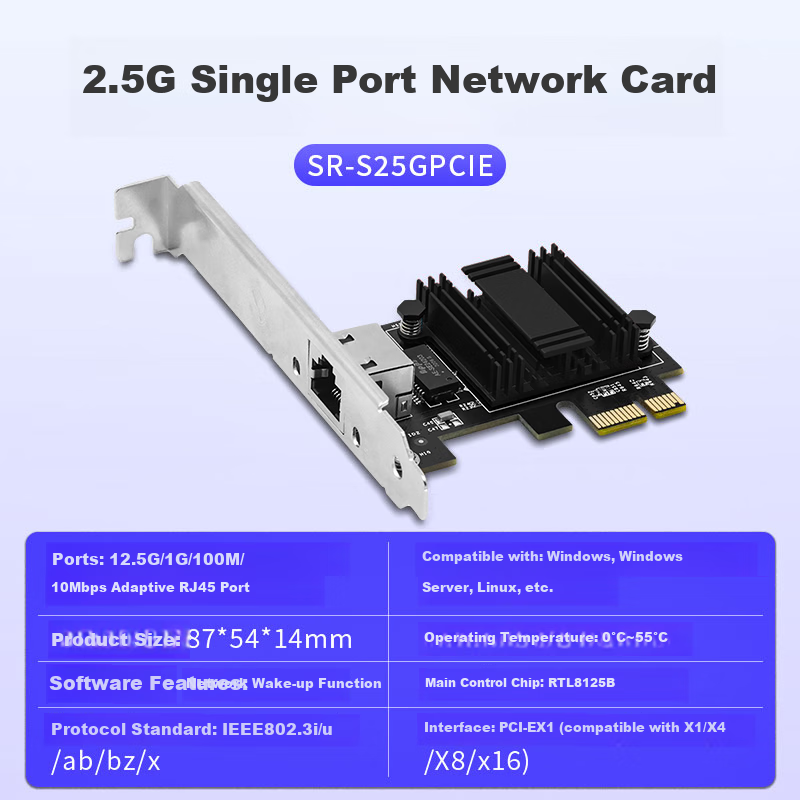Xilinx PCI-E to 2.5G Network Card Wired Desktop Computer NAS Server Built-in Ethernet Network Compatible with Gigabit Network Card RJ45 Black SR-S25GPCIE