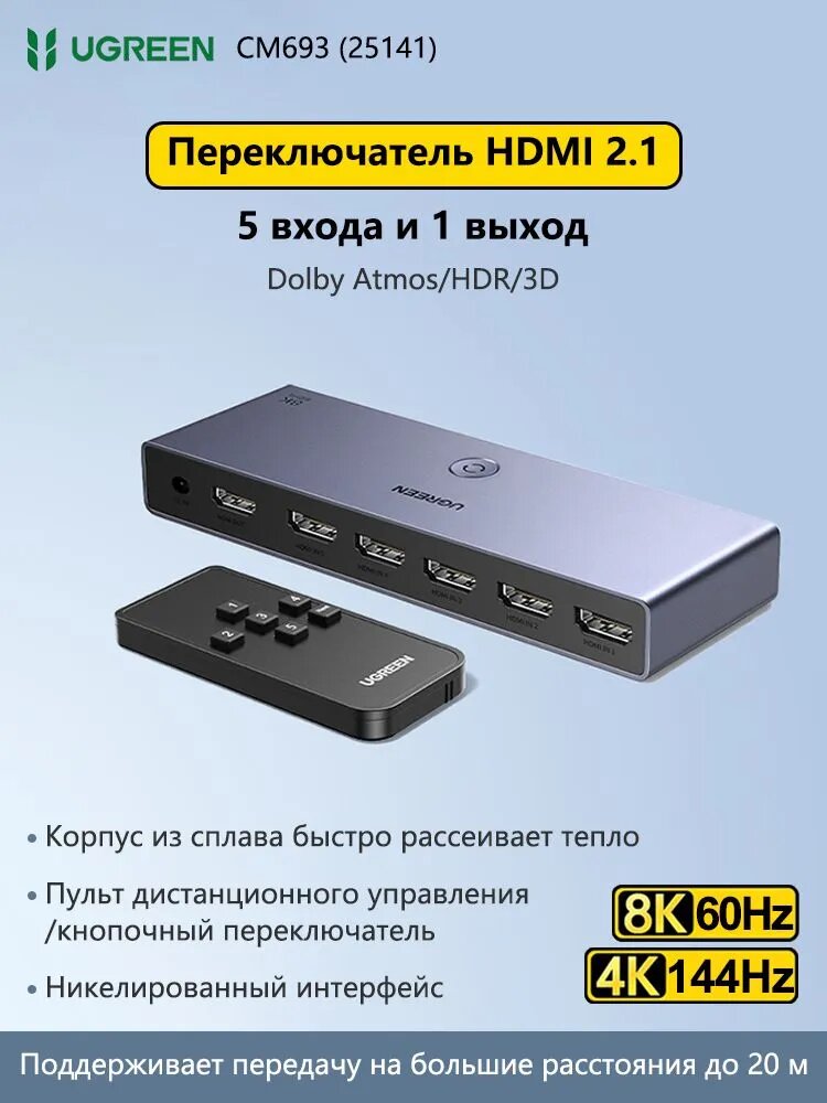 Переключатель HDMI 2.1 UGREEN CM693 (25141) 5 входа и 1 выход, 8K@60Hz Switch/HDMI разветвитель