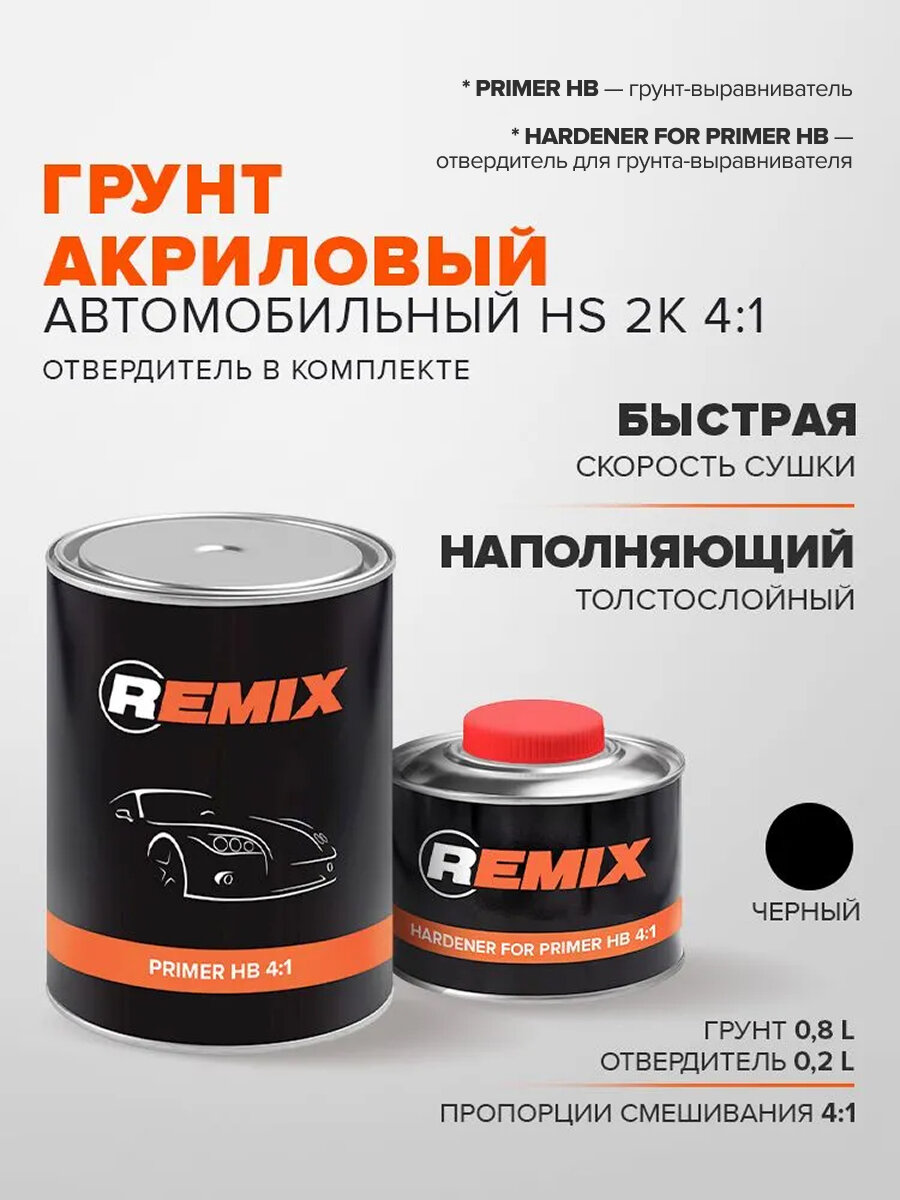 Грунтовка для автомобиля 2к 4+1 черная 0,8л+0,2л отвердитель, акриловая выравнивающая, / REMIX / грунт акриловый