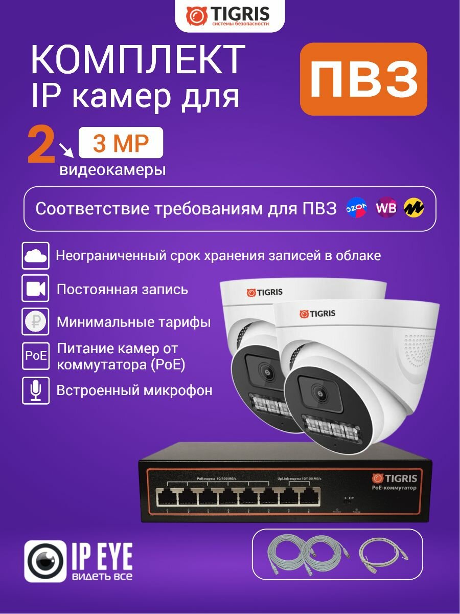 Комплект видеонаблюдения для ПВЗ на 2 купольные камеры 3 Мп с сервисом IPEYE
