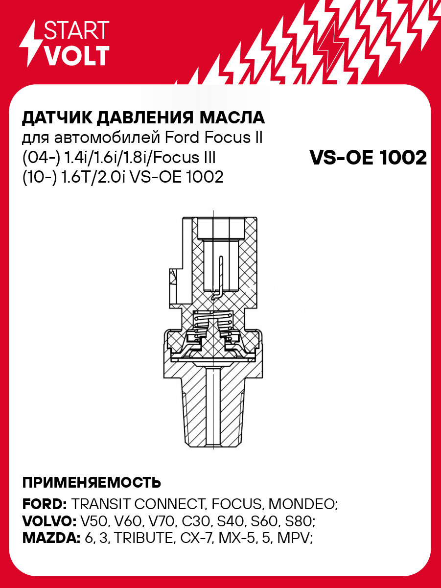 Датчик давления масла для автомобилей Ford Focus II (04-) 1.4i/1.6i/1.8i/Focus III (10-) 1.6T/2.0i VS-OE 1002 StartVolt