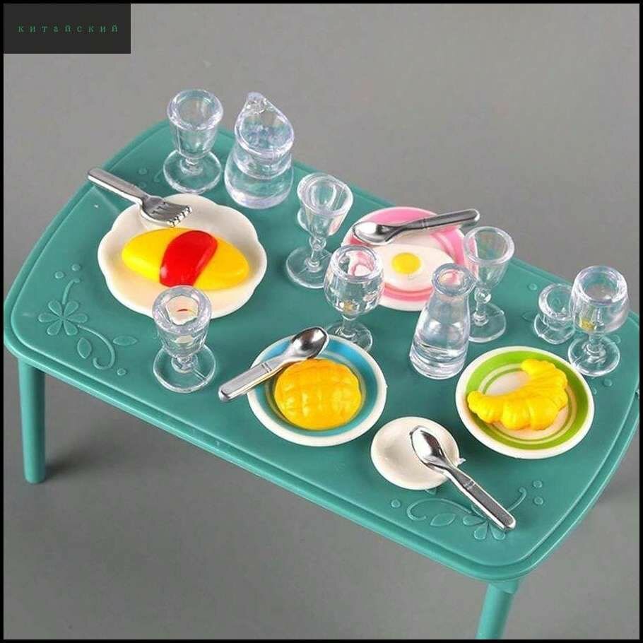 Мебель для кукольного домика, обеденный стол с посудой