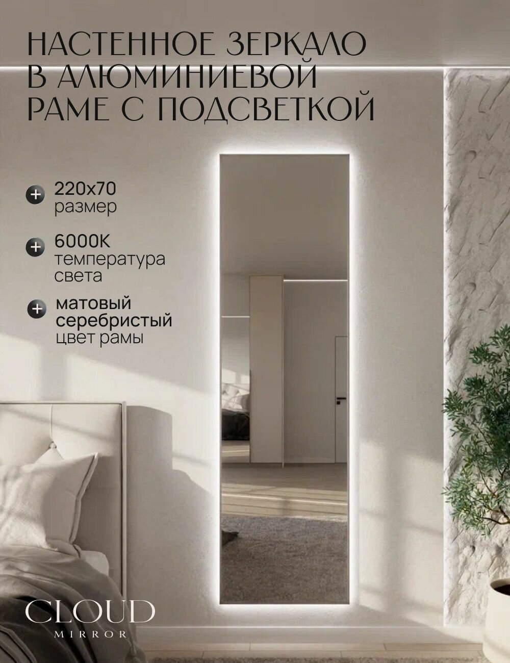 Зеркало 220х70 см серебро с подсветкой Свет: Холодный белый 6000К. В алюминиевой раме интерьерное настенное CLOUD MIRROR