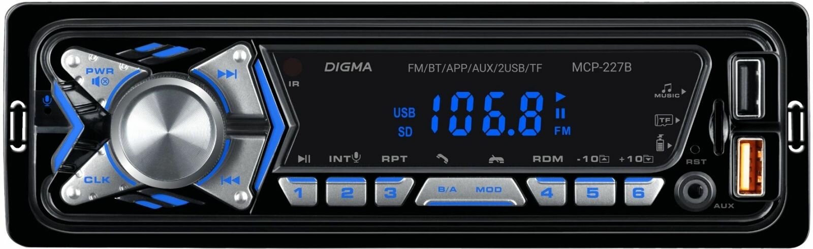 Автомагнитола DIGMA 1DIN 2х45 Вт, v5,0 USB 2,0 AUх 2 ПДУ (MCP-227B)