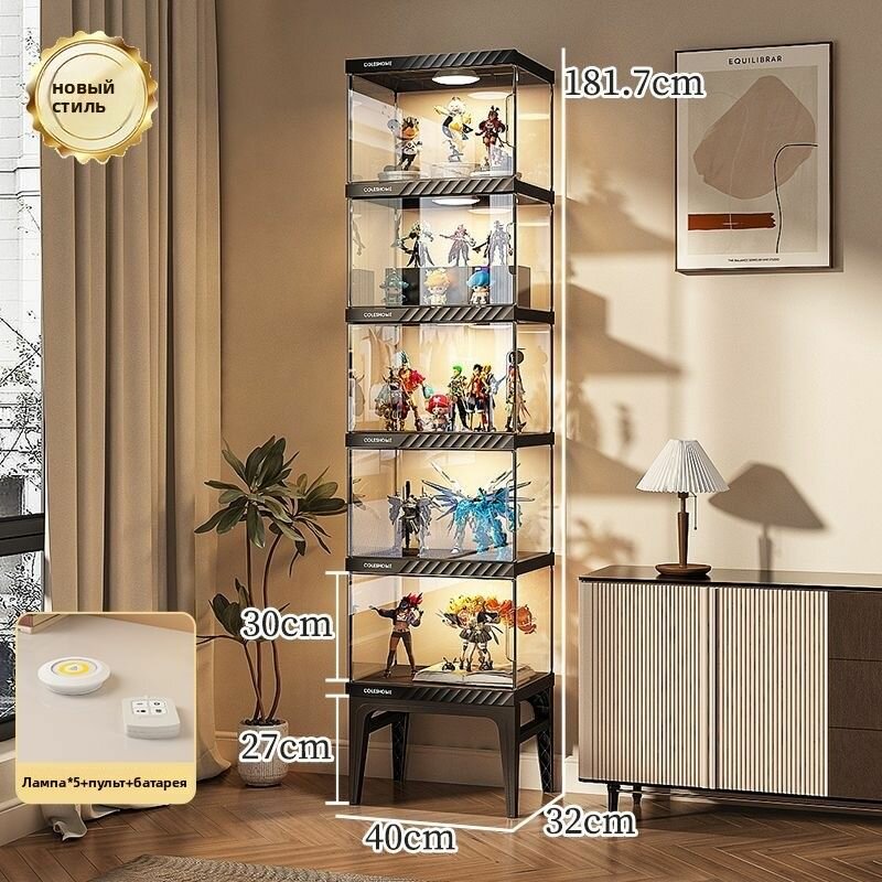 Шкаф-витрина для гостиной и кухни, 181 см высота, узкий напольный стеллаж с дверцами, угловой дисплей для посуды и декора, компактный шкафчик-стеллаж