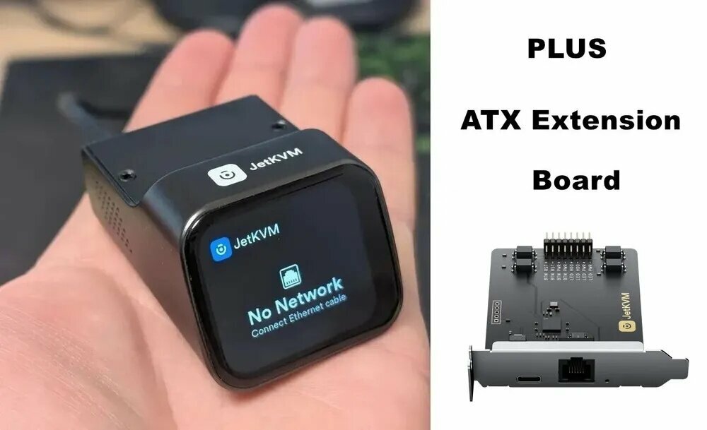 Управляет состояниями питания, питает JetKVM через USB-C или штырьковый разъем, Расширительная плата ATX