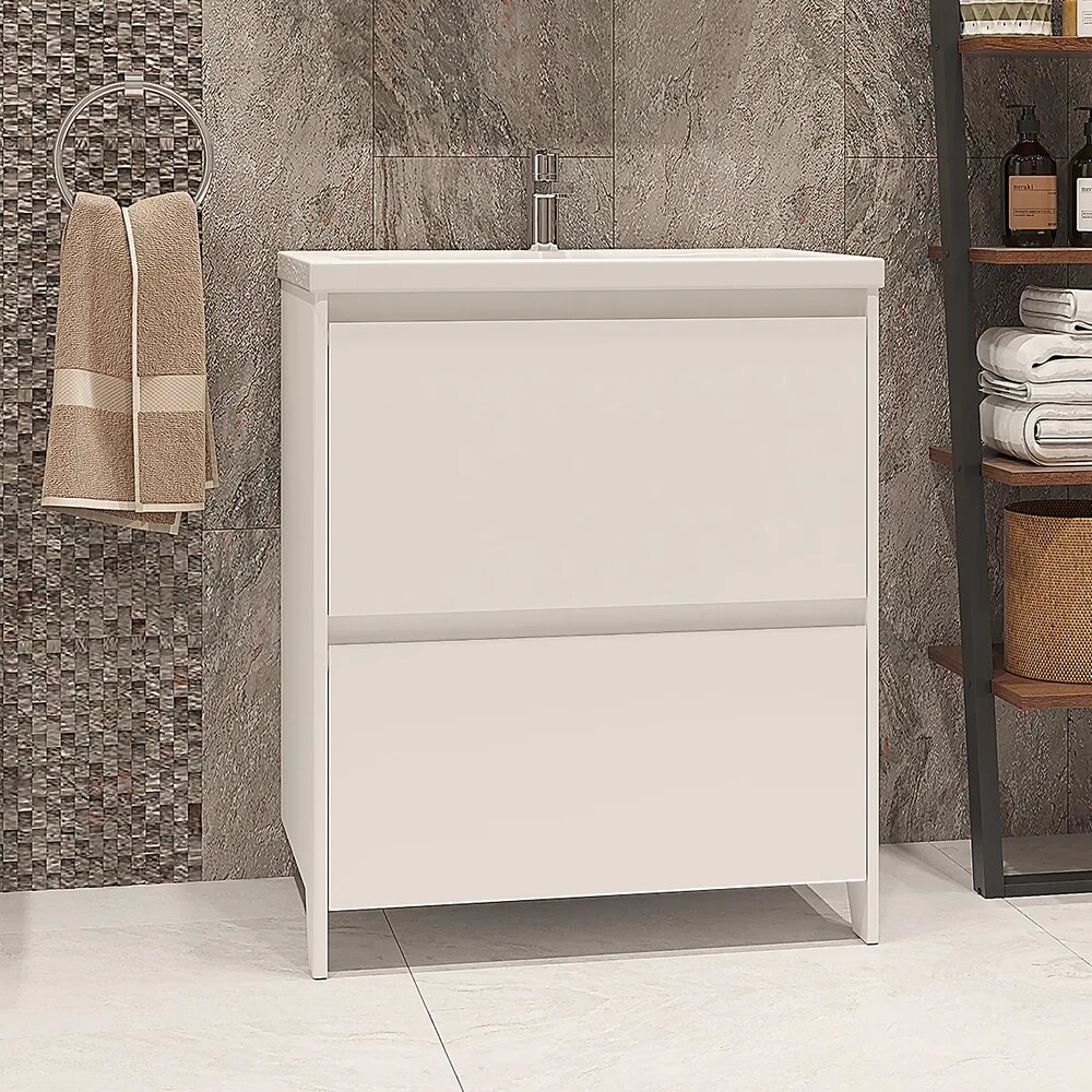 Тумба с раковиной Velvex Klaufs 70.2Y 70 см, белая, глянцевая, из МДФ, с ящиками, раковина для ванной, фарфоровая, прямоугольная, встроенный слив-перелив