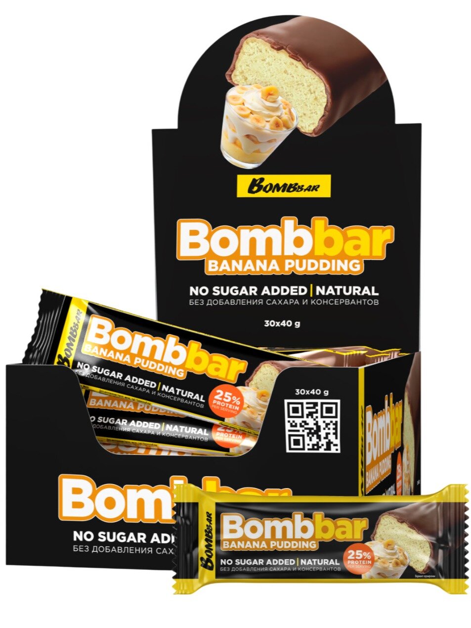 Протеиновый батончик BombBar Батончики в шоколаде без сахара 30 x 40 г, Банановый пудинг