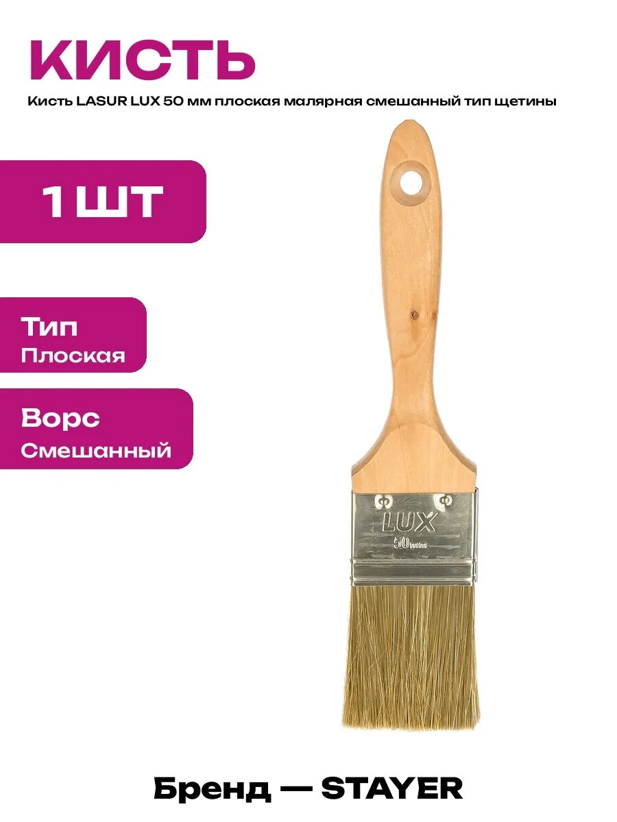Плоская кисть малярная LASUR LUX 50 мм деревянная ручка микс