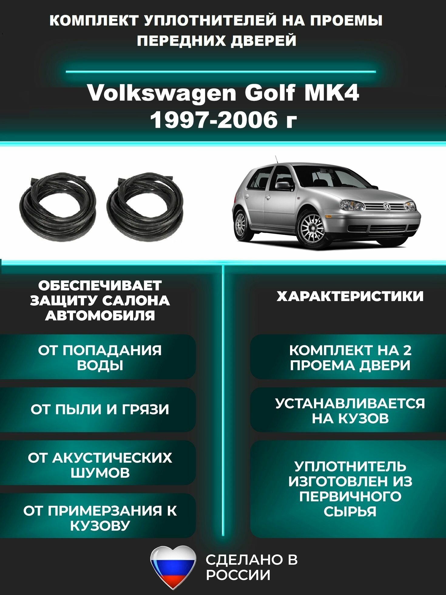 Комплект уплотнителей проемов передних дверей, подходит на Volkswagen Golf MK4 1997-2006 г, Фольксваген Гольф МК4- 2 шт