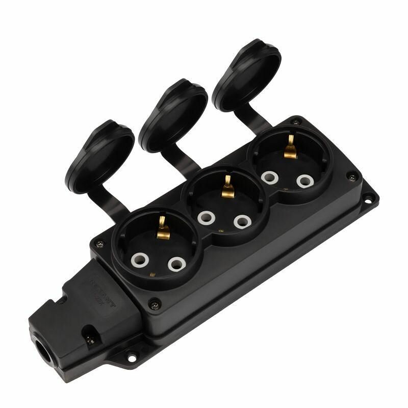 Колодка удлинителя 3-м с заземл. 16А IP54 влагозащ. с защ. крышкой COMPACT каучук черн. Rexant 111-223
