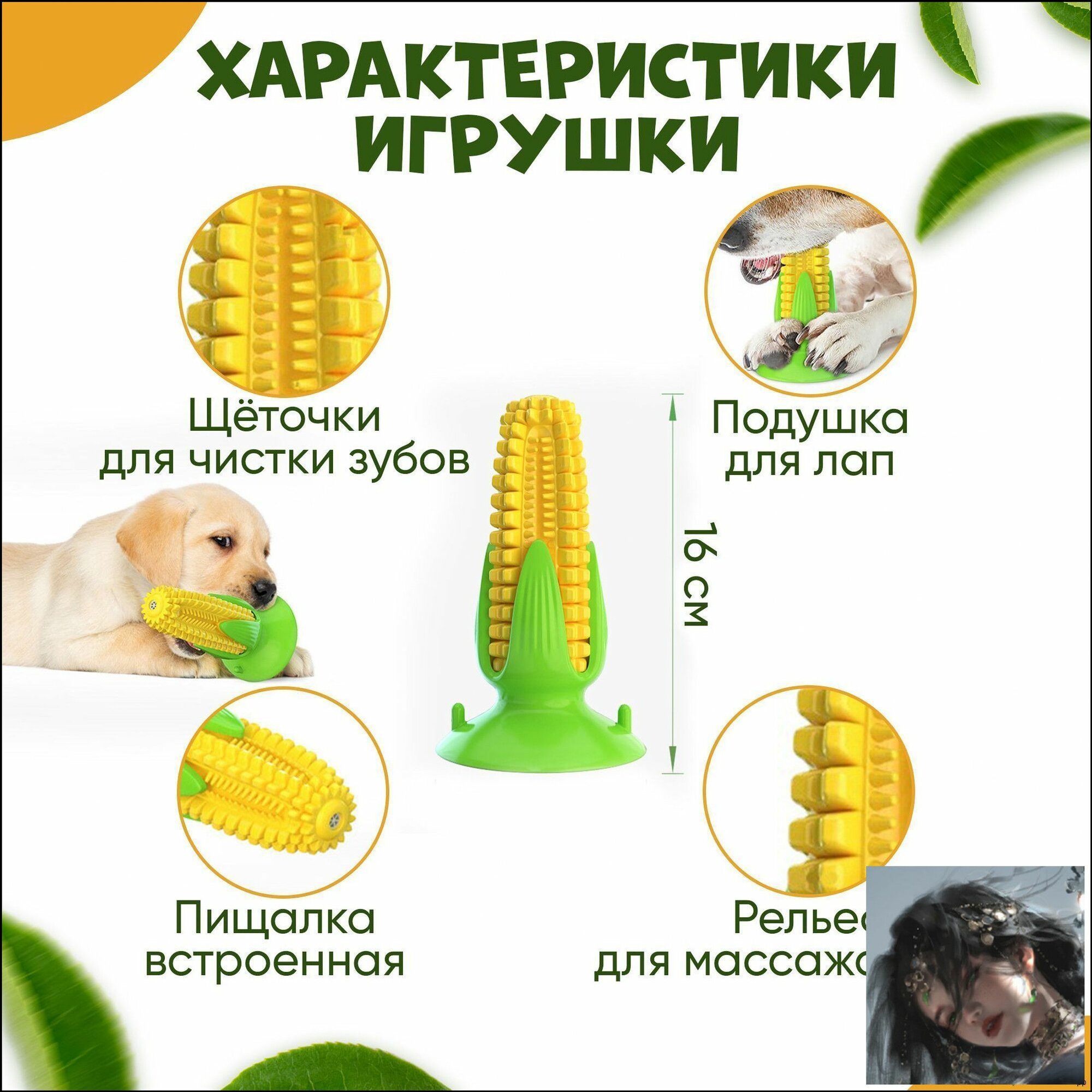 Игрушка для собак Кукуруза-пищалка из термопластичной резины, массаж десен и чистка зубов, желтый/зеленый, 19 см — фото 1
