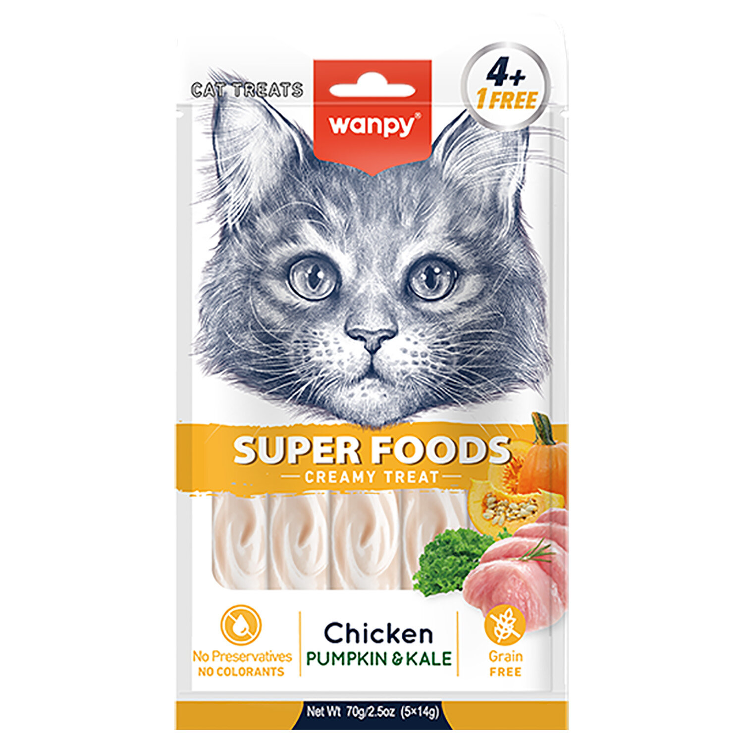 Крем - лакомство для кошек Wanpy Cat Super Food Нежное пюре из курицы с тыквой и кейлом, 5 уп х 70 гр