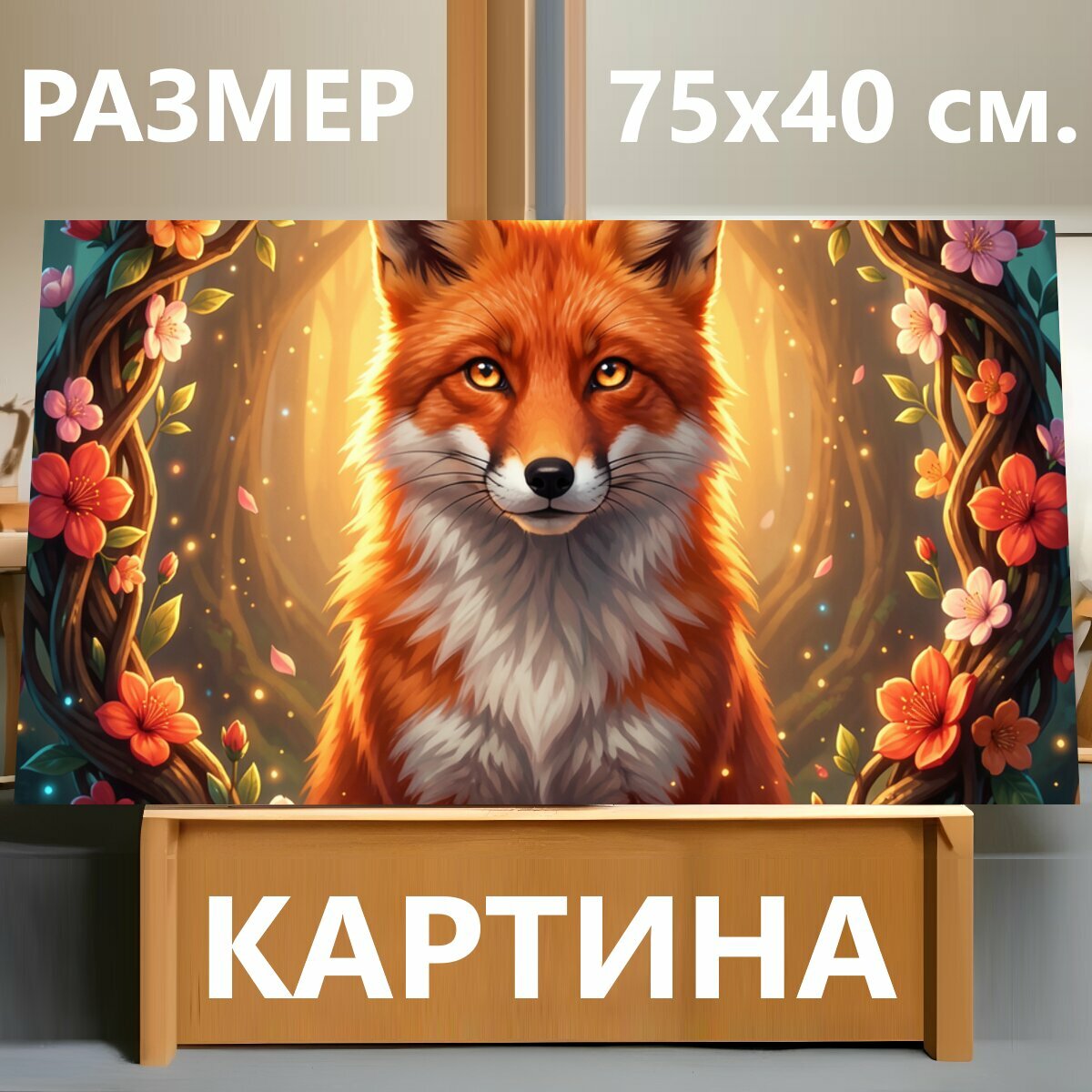 Картина на холсте "Лиса в цветочном венке. Рыжая лисица в центре волшебной лесной композиции, обрамлённая переплетёнными ветвями и яркими." на подрамнике 75х40 см. для интерьера