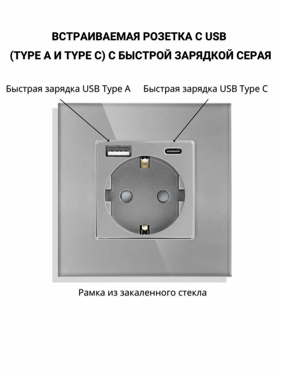Встраиваемая розетка с USB-A и USB-C, быстрая зарядка, серая