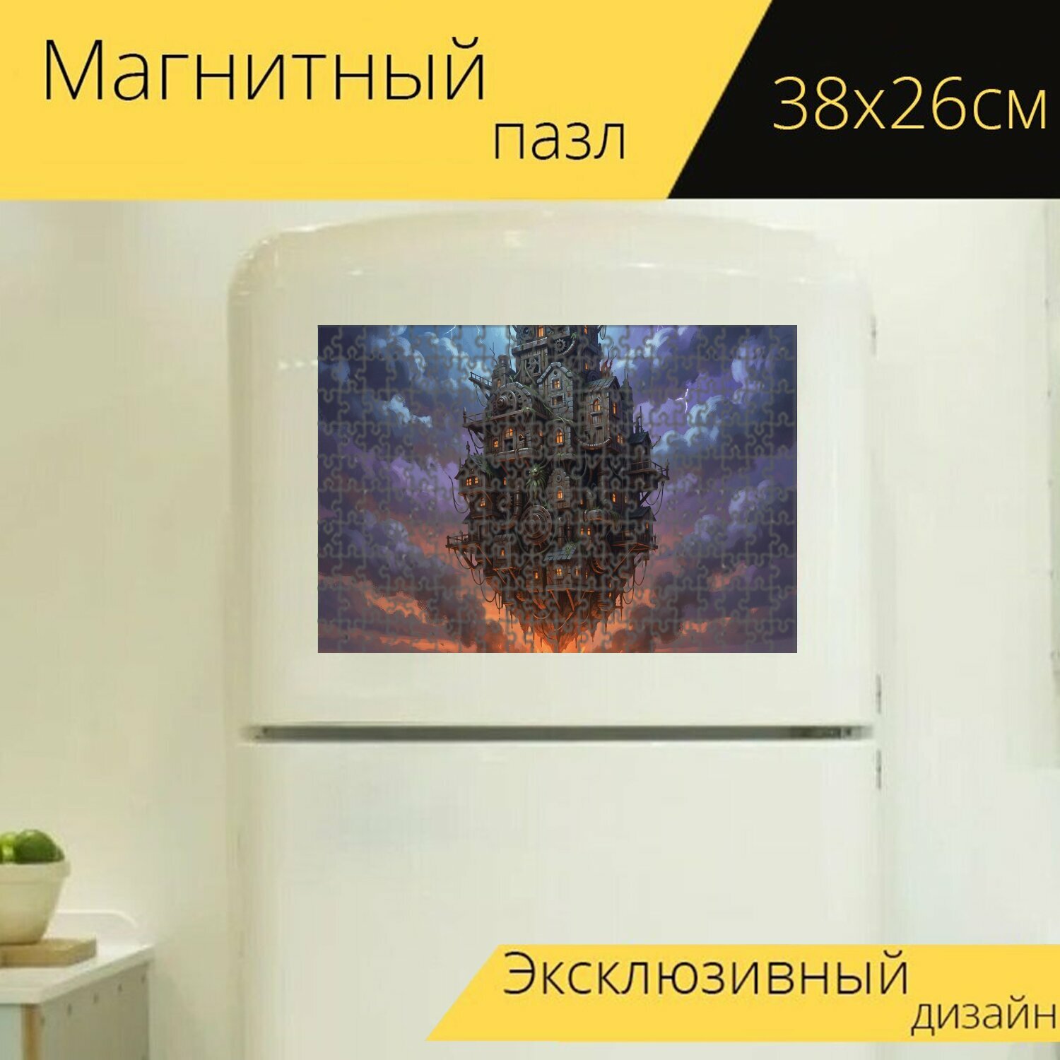Магнитный пазл "Летающий механический дом в буре. Фантастическая многоэтажная башня из металла и дерева зависает над морем, вокруг сверкают молнии и." для интерьера, 38х26 см.