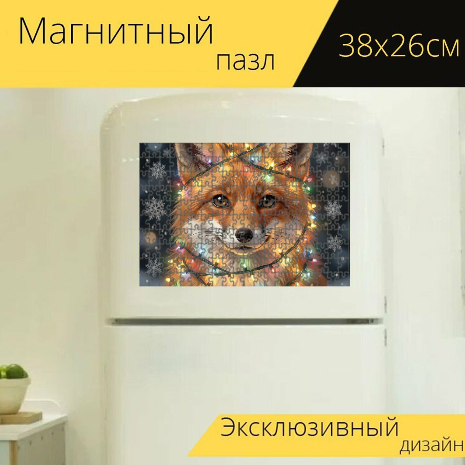Магнитный пазл "Лиса с гирляндой и снежинками. Реалистичная зимняя иллюстрация с рыжей лисой, украшенной разноцветными огоньками. Тёмный фон, белые." для интерьера, 38х26 см.