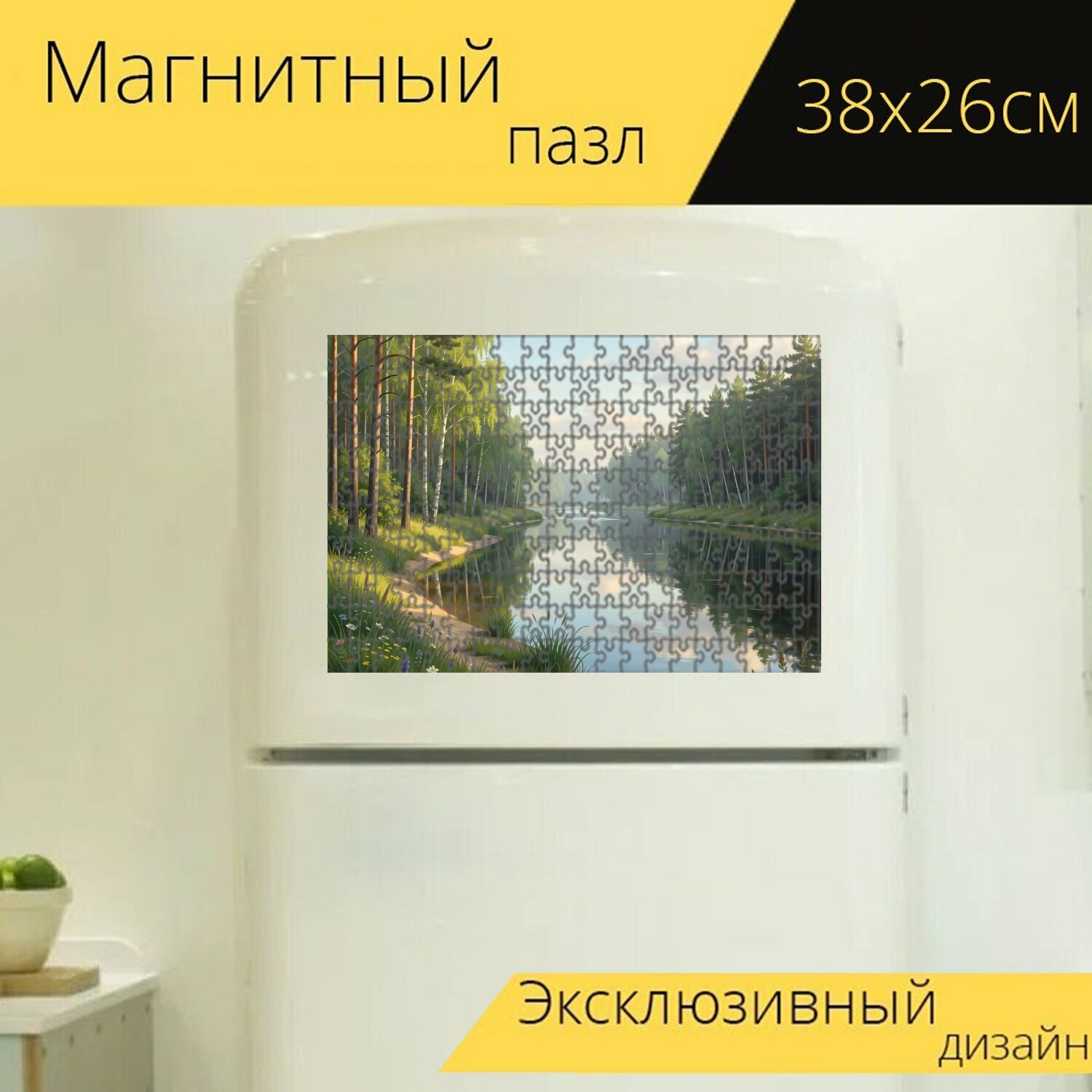 Магнитный пазл "Лесная река среди сосен. Спокойный природный пейзаж с извилистой водной гладью, хвойным и березовым лесом, дикими цветами и отражениями в." для интерьера, 38х26 см.