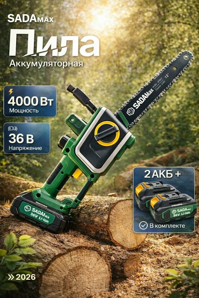 Пила аккумуляторная цепная большая 12 дюймов 2 АКБ Сада /Зеленая