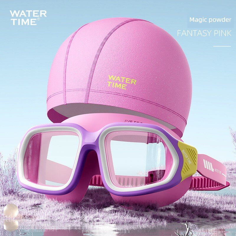 Детские плавательные очки и шапочка WaterTime, Пастельный розовый + Розовая PU шапочка, Антизапотевание, УФ-защита, для