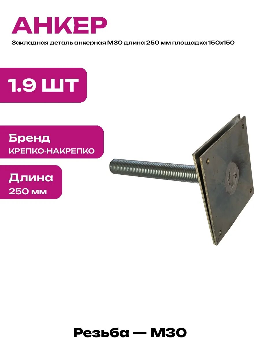 Анкер с опорной пластиной 150х150 мм резьба М30 длина 250 мм