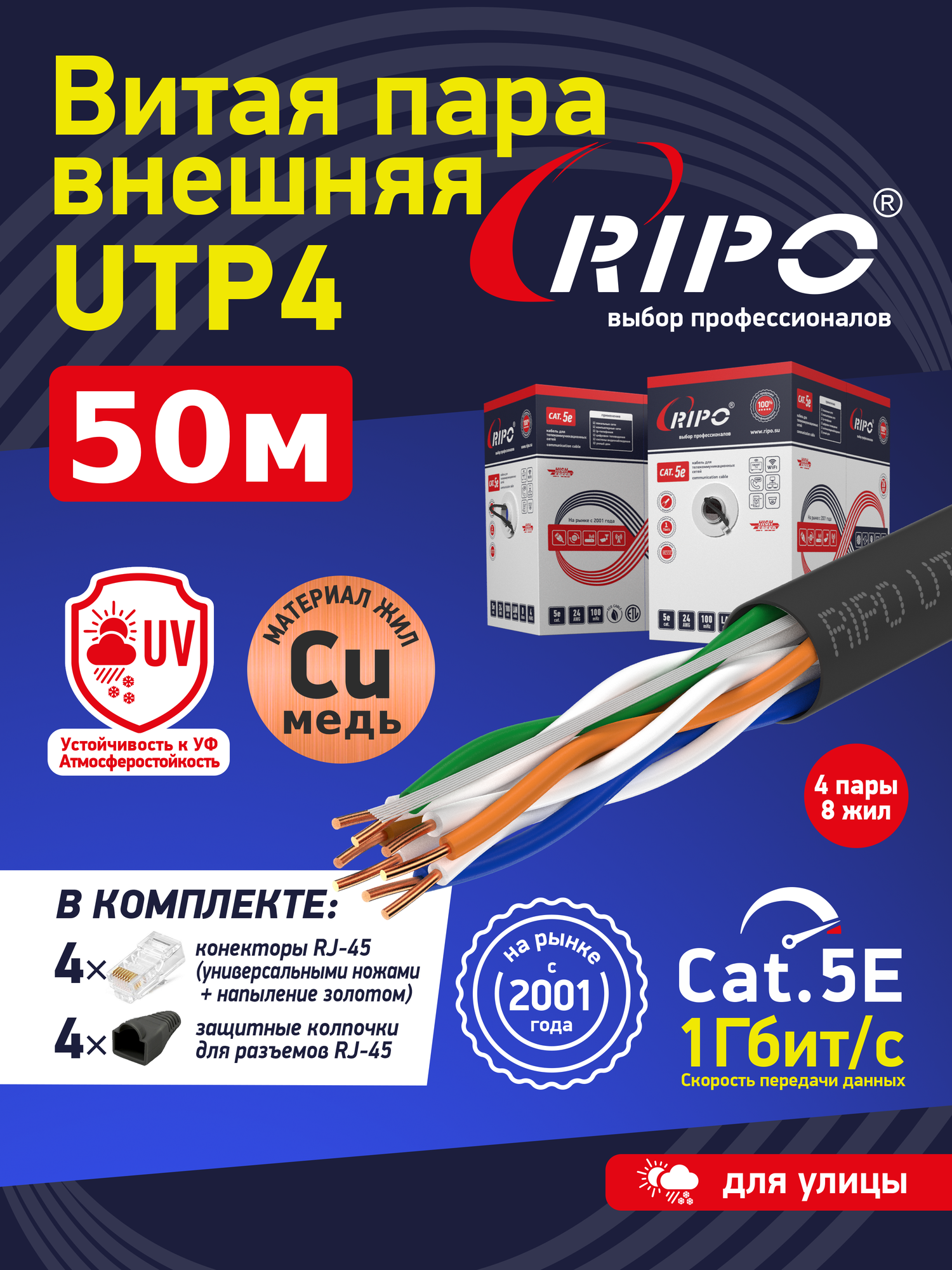 Интернет кабель витая пара RIPO, LAN UTP4 CAT5E 24AWG, PE, медный, уличный, 25 м