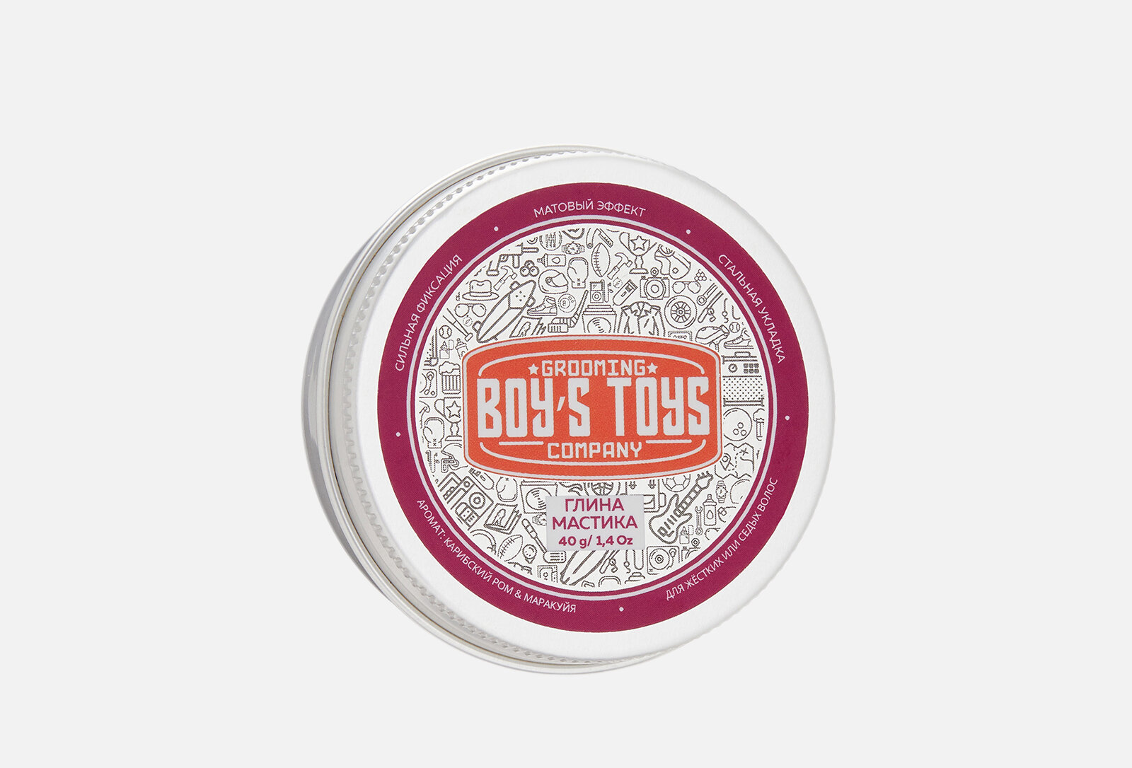Глина BOYS TOYS для укладки волос высокой фиксации с низким уровнем блеска Strong Hold Clay Putty, 40 мл