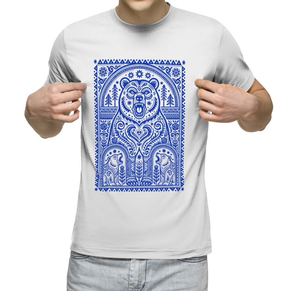 Мужская футболка «Мать медведица Славянский этно-минимализм» (белый, S)