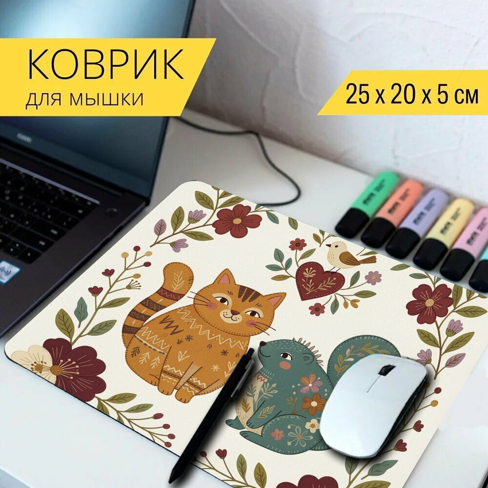 Коврик для мыши с принтом "Кот и белка среди цветов. Милые зверята в пряничной стилистике: рыжий котик и бирюзовая белка, рядом птица на сердечке, вокруг нежные цветы и." 25x20см.