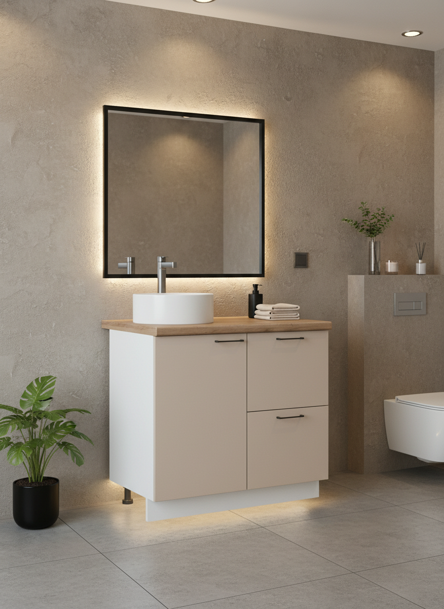 Тумба для ванной напольная 90см Магнолия/Белый гладкий (со столешницей)