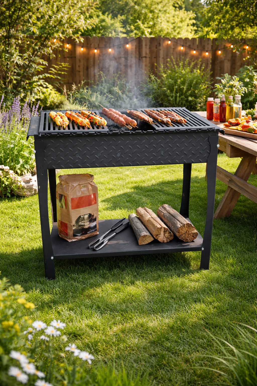 Мангал рифленый-усиленный разборный 800 мм. С полками-решетками гриль и полкой под дрова. Сталь 3 мм.