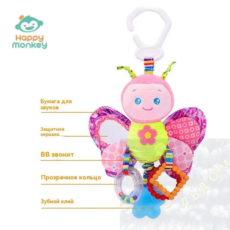 Мягкая игрушка подвесная развивающая, подвеска погремушка на коляску, автокресло и кроватку с силиконовым прорезывателем кит для новорожденных(голубой, светло-розовый)