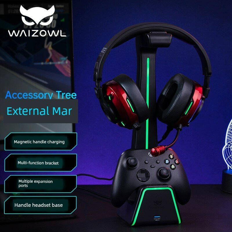 RGB игровая подставка для наушников с беспроводной зарядкой и USB 3.1 хабом для ПК и консольных гейминг аксессуаров