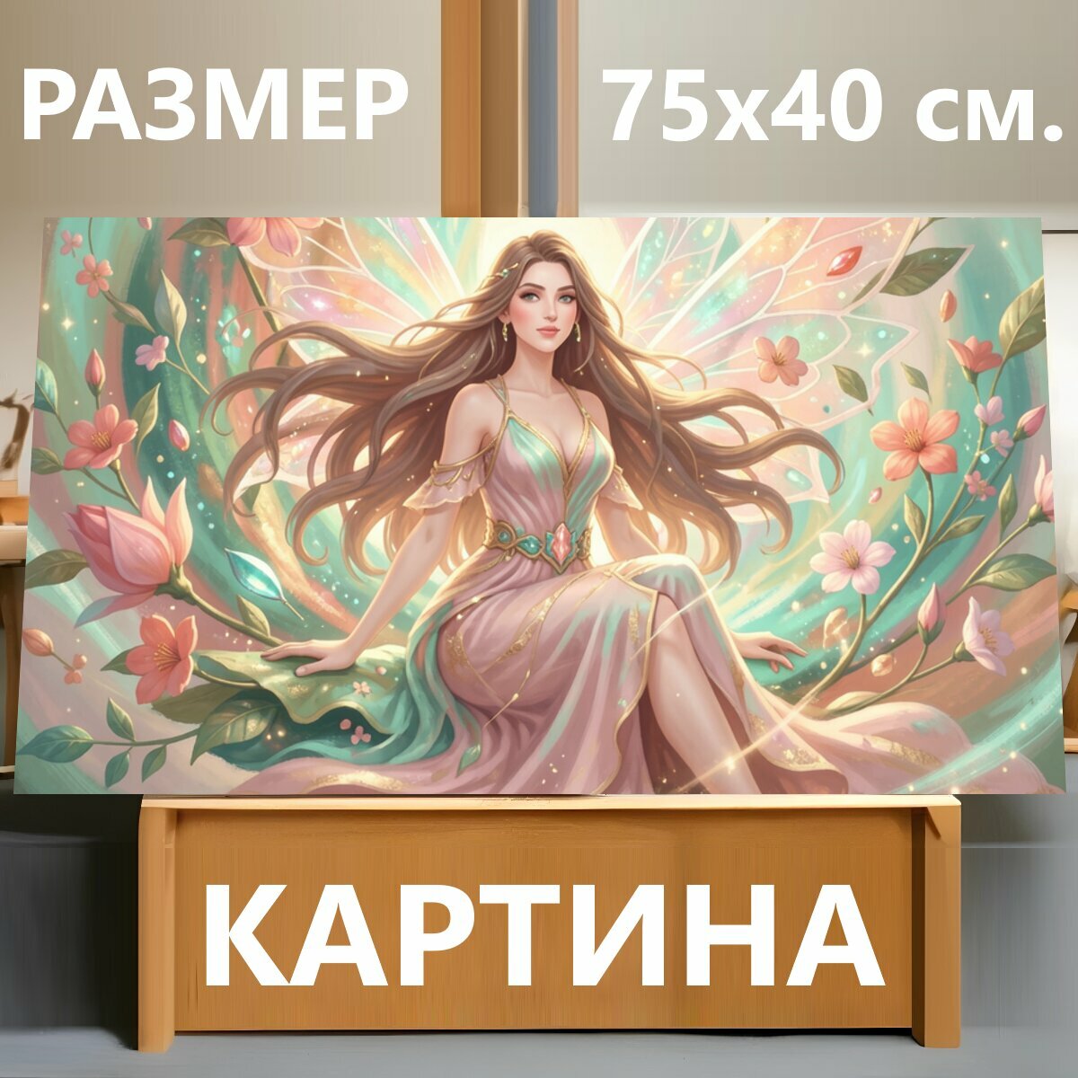 Картина на холсте "Волшебная фея среди цветов. Сказочная девушка с прозрачными крыльями в нежном розово-мятном платье, окружённая цветами." на подрамнике 75х40 см. для интерьера