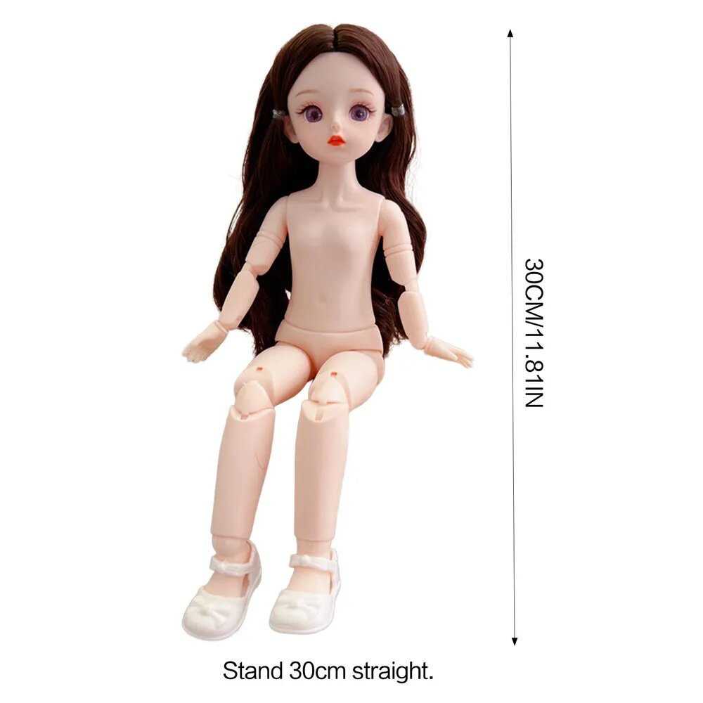 BJD кукла с 20 подвижными суставами, рост 30 см, комплект с черно-коричневыми вьющимися волосами и фиолетов.