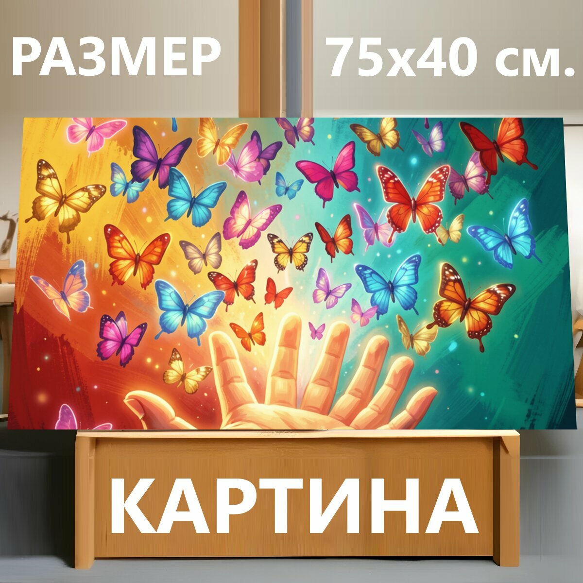 Картина на холсте "Ладонь с парящими бабочками. Яркая фантазийная сцена: раскрытая рука выпускает в воздух множество разноцветных крылатых." на подрамнике 75х40 см. для интерьера