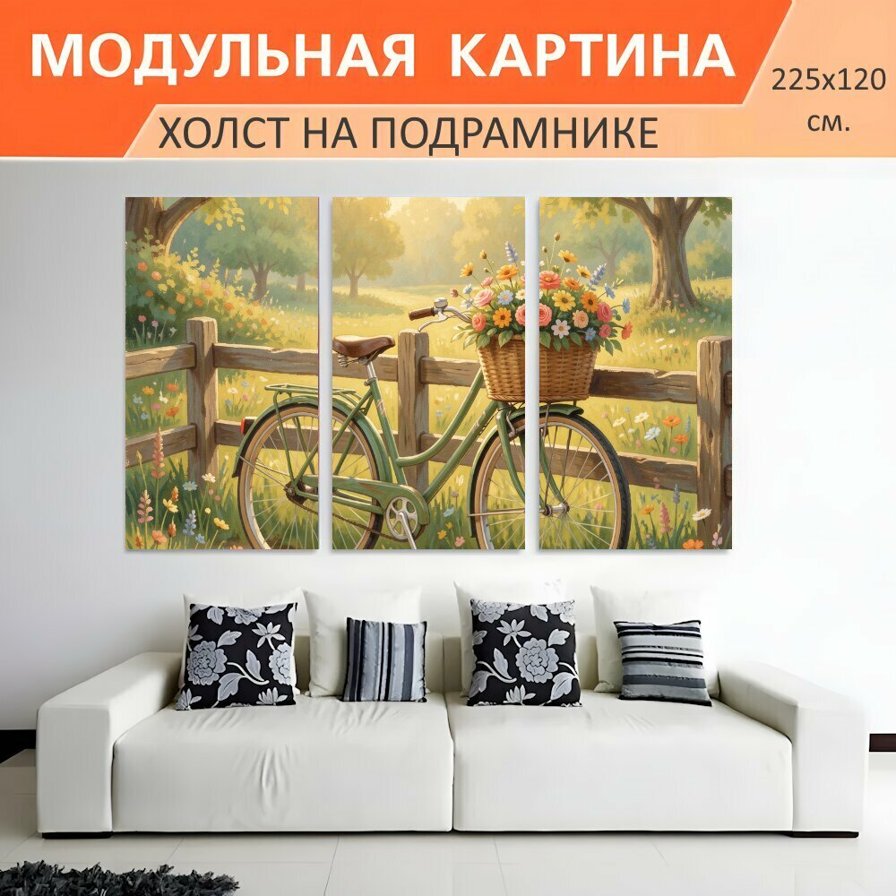 Модульная картина на холсте "Велосипед с корзиной цветов. Уютная летняя сцена в живописном парке: ретро-велосипед у деревянного." триптих на подрамнике 225х120 см. для интерьера