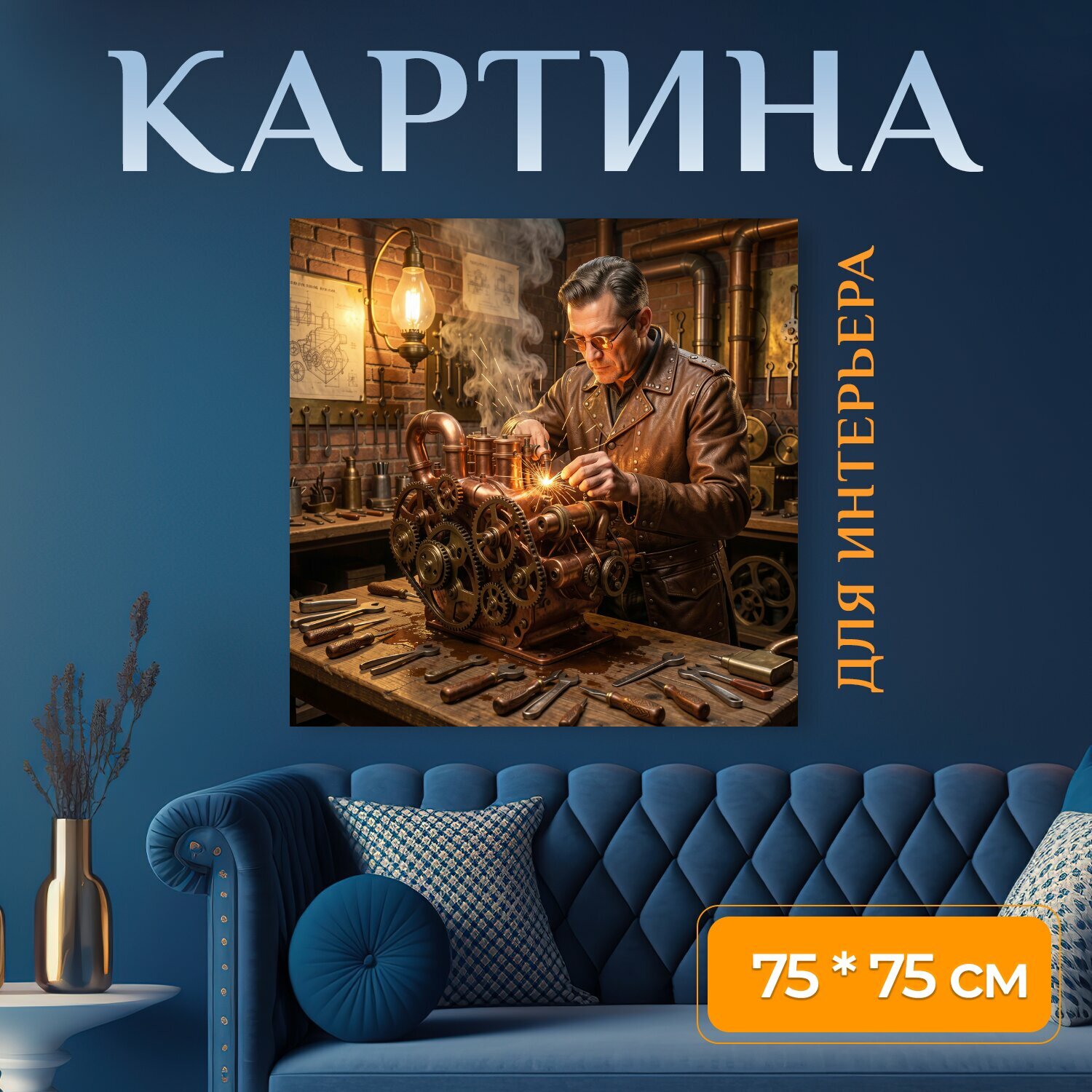 Картина на холсте "Мастер ремонтирует двигатель авто в стимпанк стиле" на подрамнике 75х75 см. для интерьера