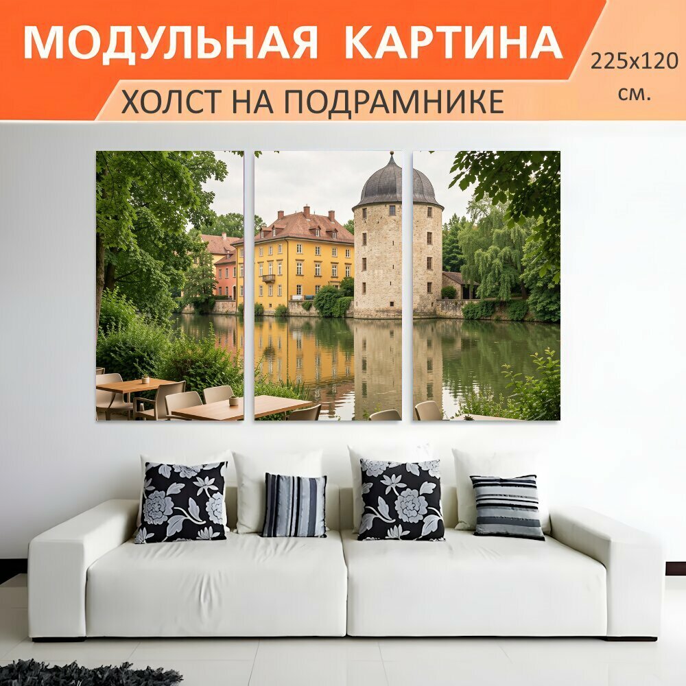 Модульная картина на холсте "Старинный замок у реки. Уютный европейский пейзаж с башней и разноцветными домами на берегу тихой воды." триптих на подрамнике 225х120 см. для интерьера