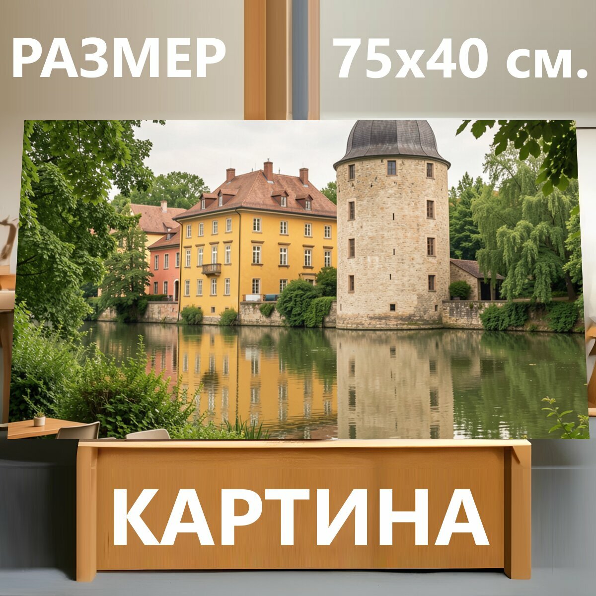 Картина на холсте "Старинный замок у реки. Уютный европейский пейзаж с башней и разноцветными домами на берегу тихой воды, зелёные кроны." на подрамнике 75х40 см. для интерьера