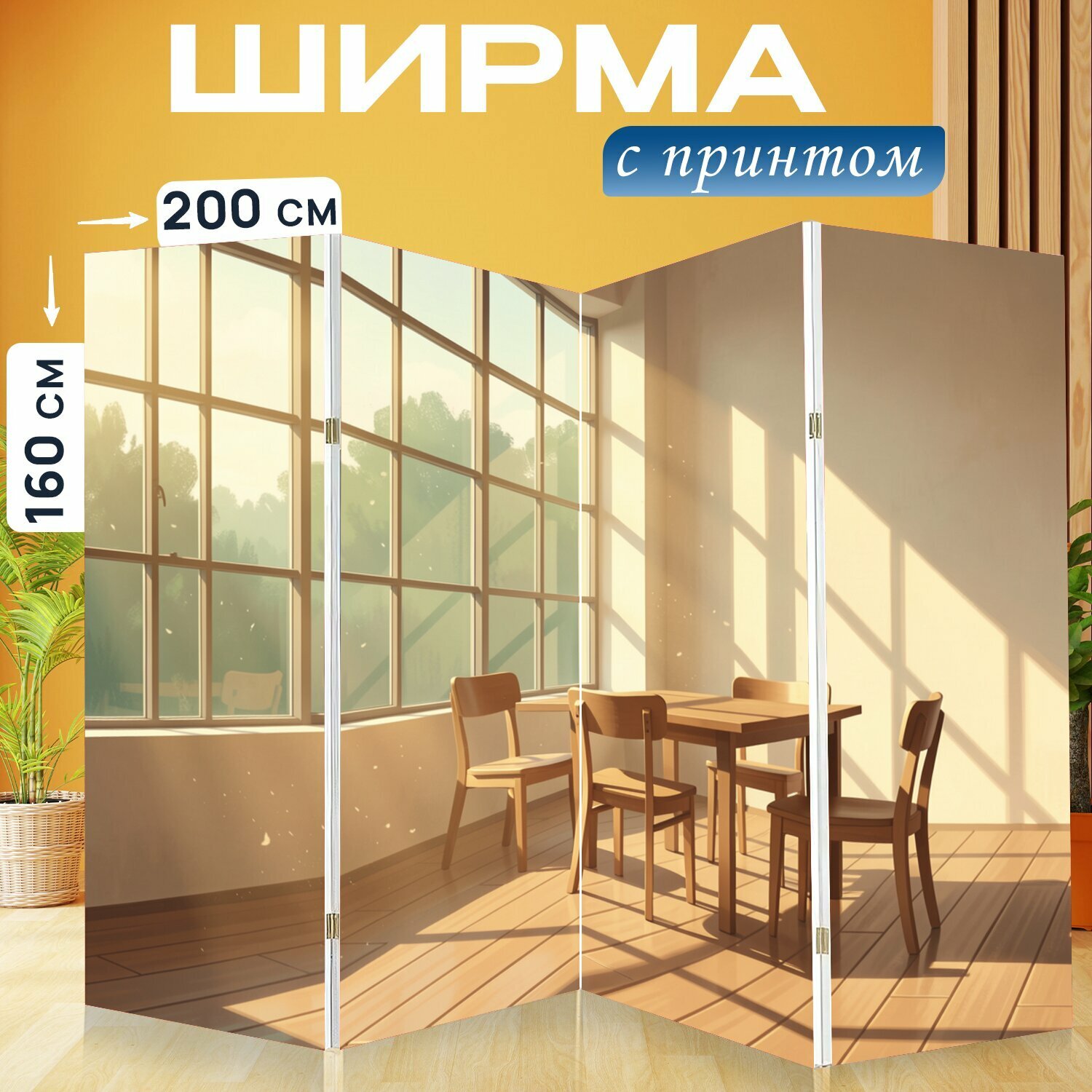 Ширма "Солнечный интерьер с большими окнами. Уютное светлое помещение в минималистичном стиле: деревянный стол." перегородка для зонирования комнаты с принтом 200x160 см. на холсте
