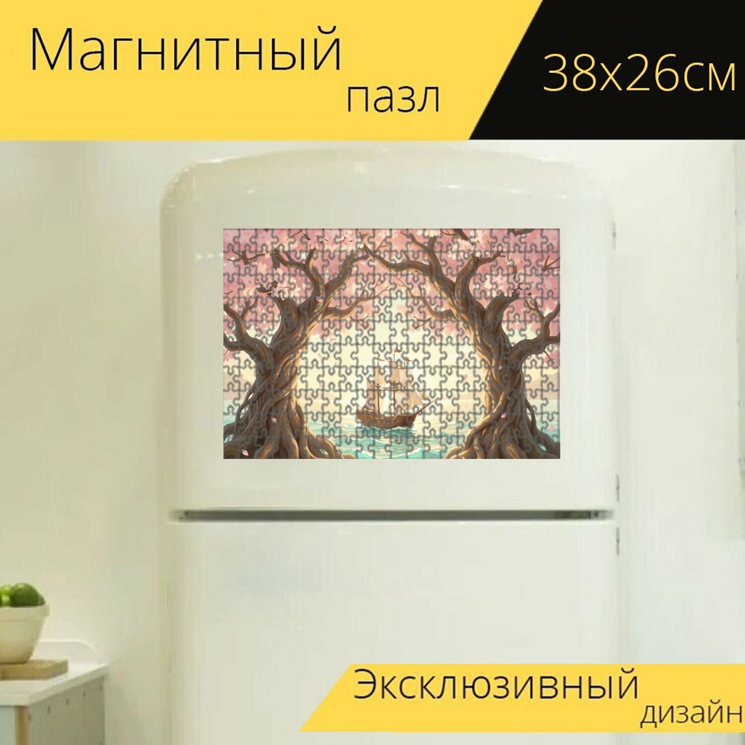 Магнитный пазл "Сказочный корабль среди цветущих деревьев. Романтичная морская сцена в нежных пастельных тонах: парусник на спокойной воде, розовые цветущие." для интерьера, 38х26 см.