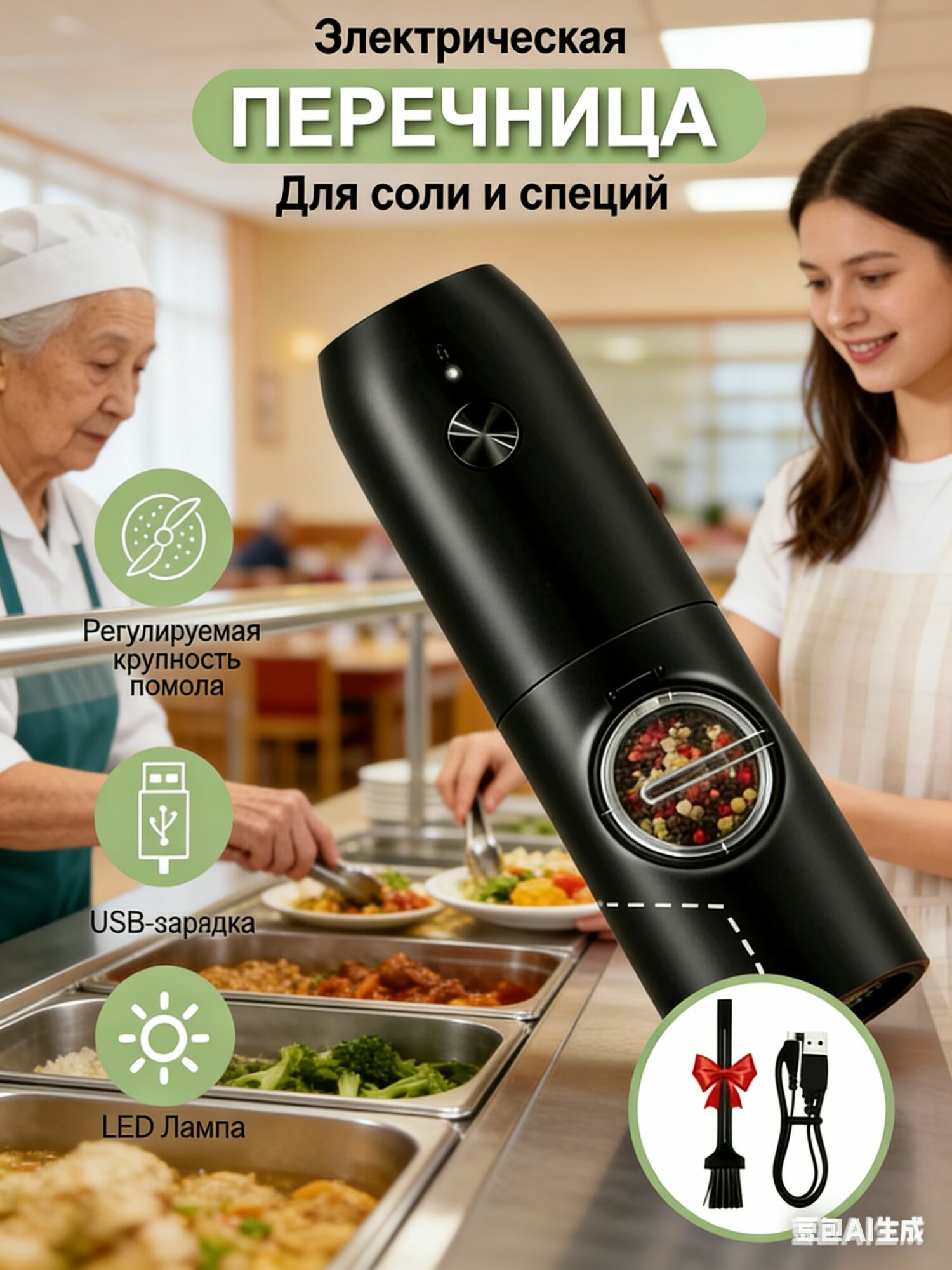 GEALFIS Электрическая мельница для специй: 5 в 1 для соли, перца, трав, семян, приправ. USB зарядка, керамические жернова, 18 см