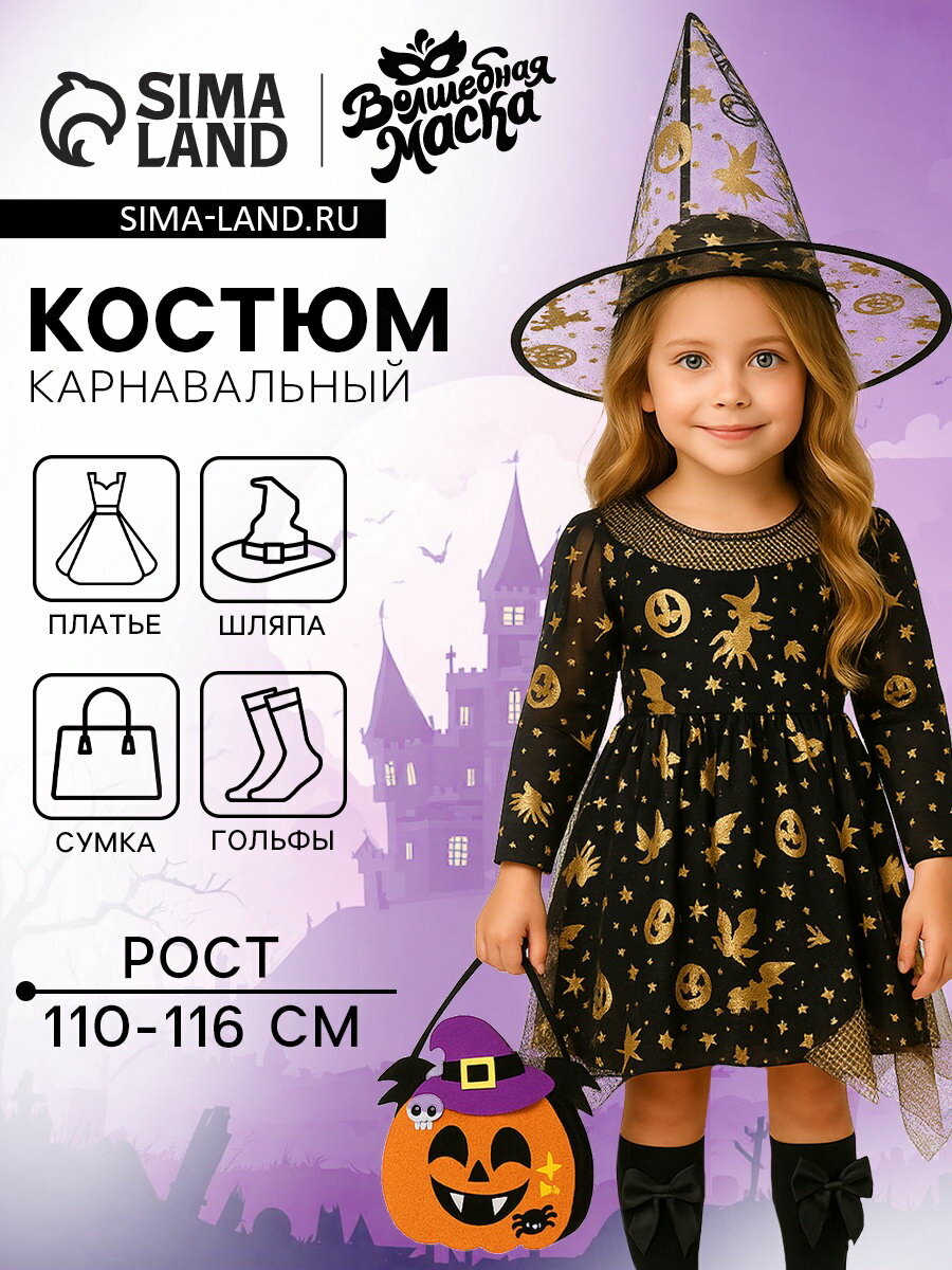 Карнавальный костюм "Ведьма": платье, шляпа, чулки, сумка, рост 110-116 см