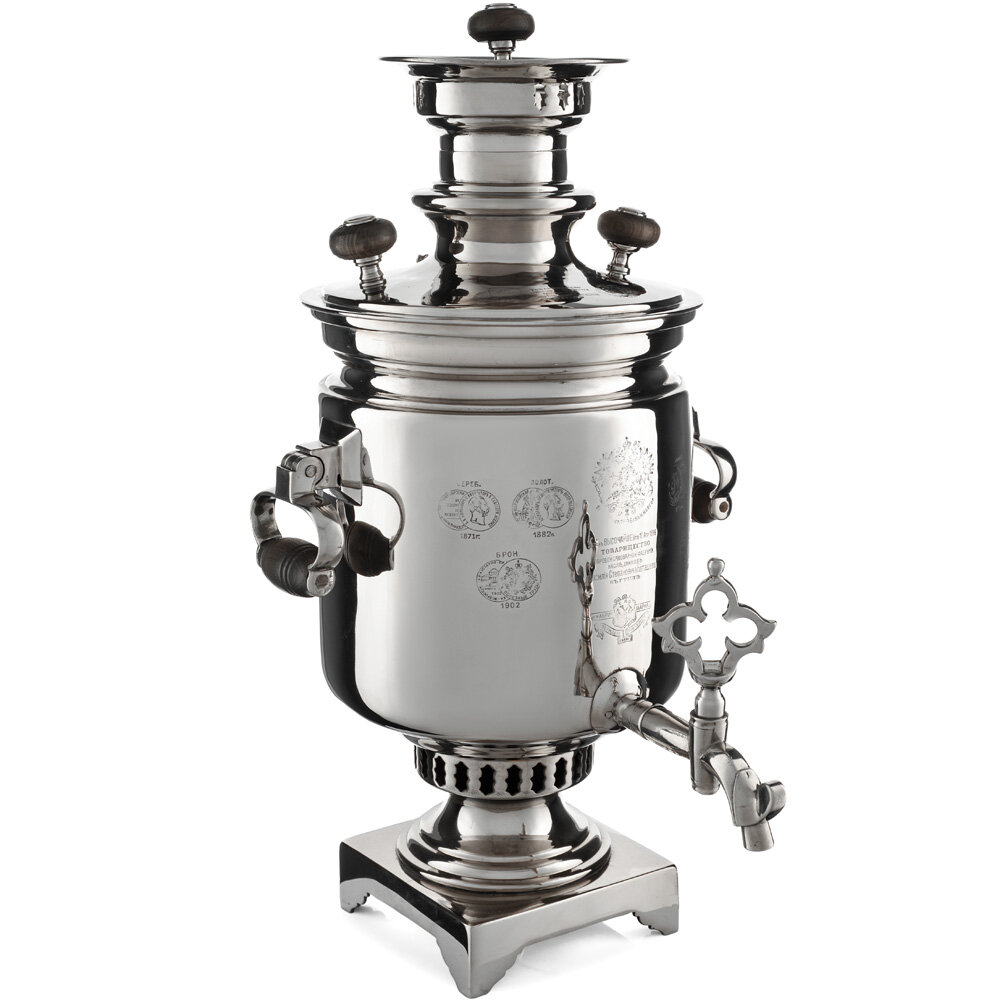 Самовар антикварный на дровах 5 литров формы «Банка» Баташева с медалями, висячие ручки, серебристый